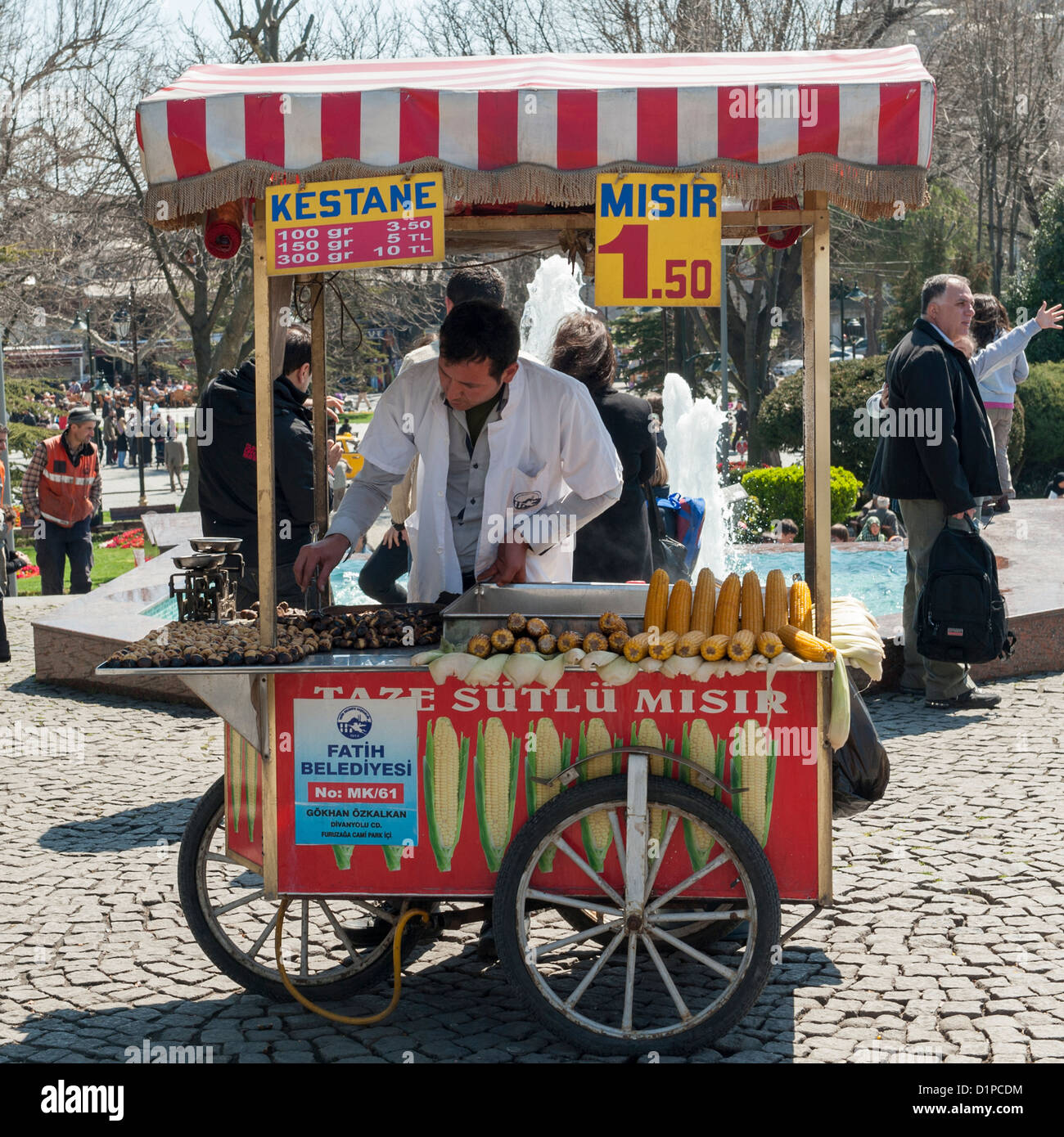 Vendor selling corn and Kestane kebabs on a cart, Istanbul, Turkey ...