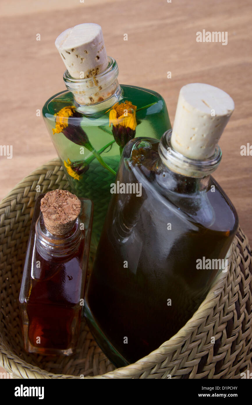 Basket of essences used for healing purposes Stock Photo - Alamy
