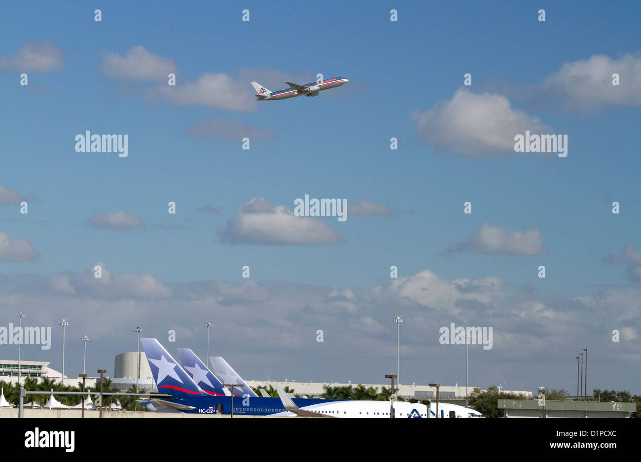LAN Airline Boeing 767 at take off from the Miami International Airport ...
