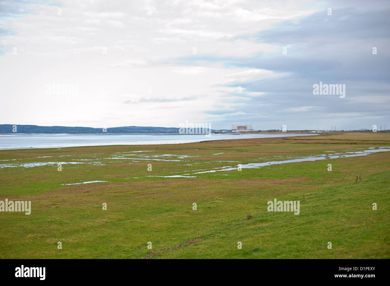 View of the rural Severn estuary towards Oldbury Power Station and the ...