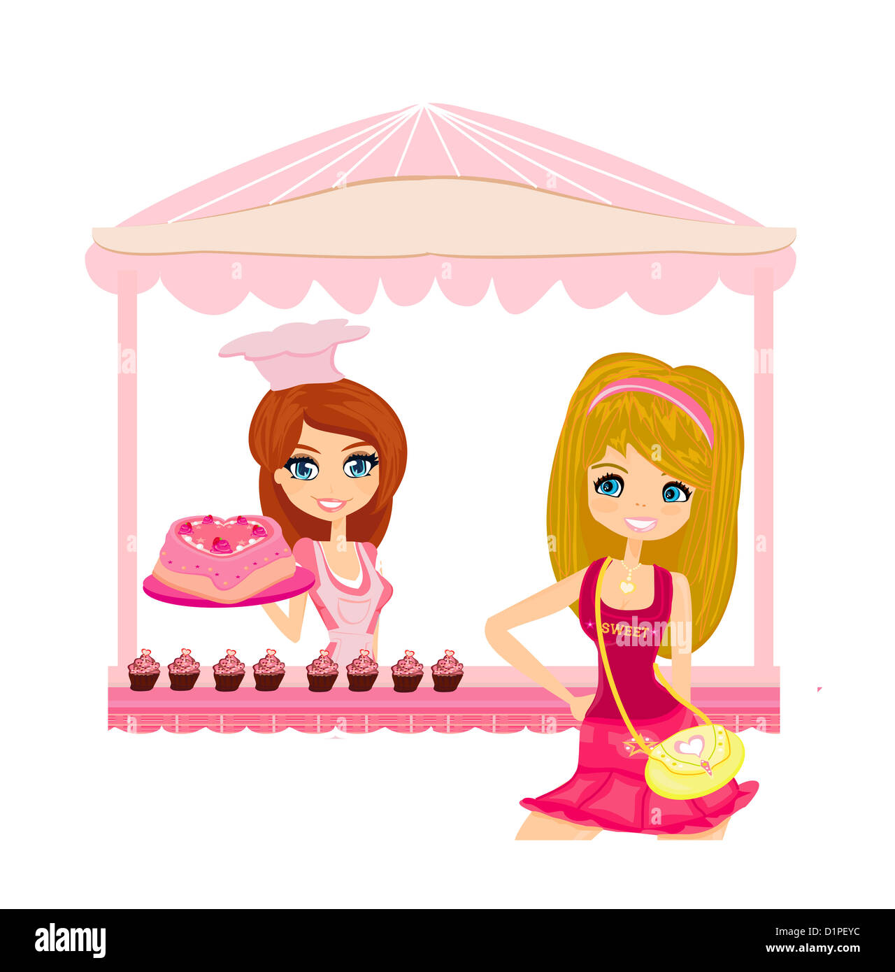 illustration of a woman buying cake at a bakery store Stock Photo - Alamy