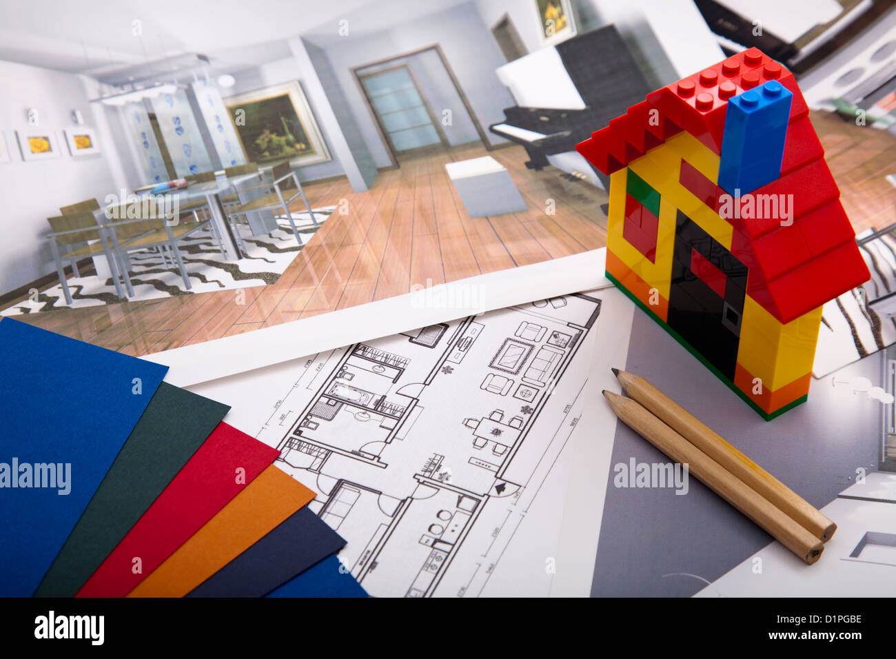 Home Improvement plan with pencils, house model and color samples Stock ...