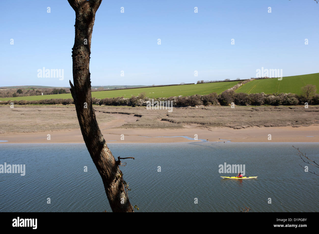 A kayak paddler paddles down the River Camel alongside the Camel Trail ...