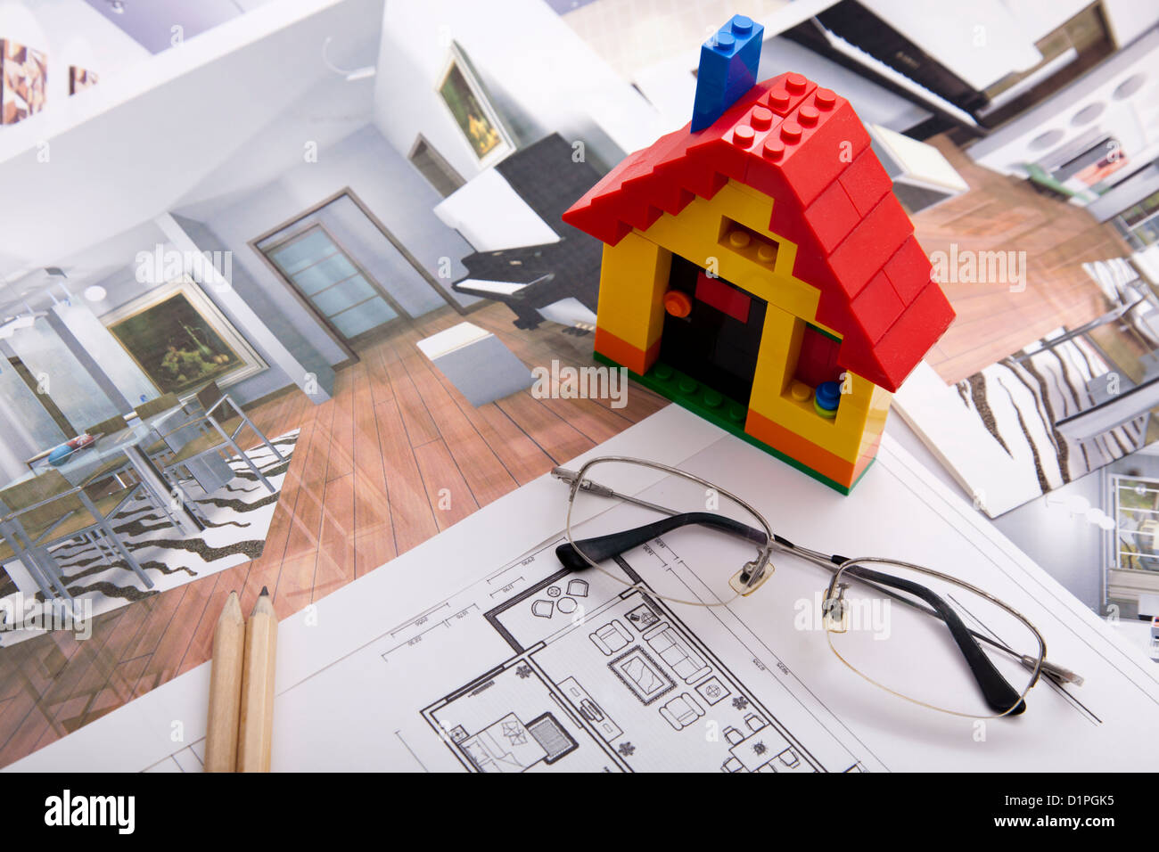 Home Improvement plan with pencils, house model and color samples Stock ...