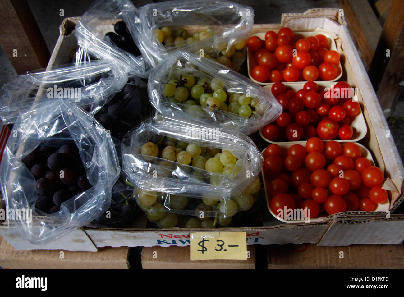 Produce in a small organic vegetable self-serviced shop in Nelson Stock ...
