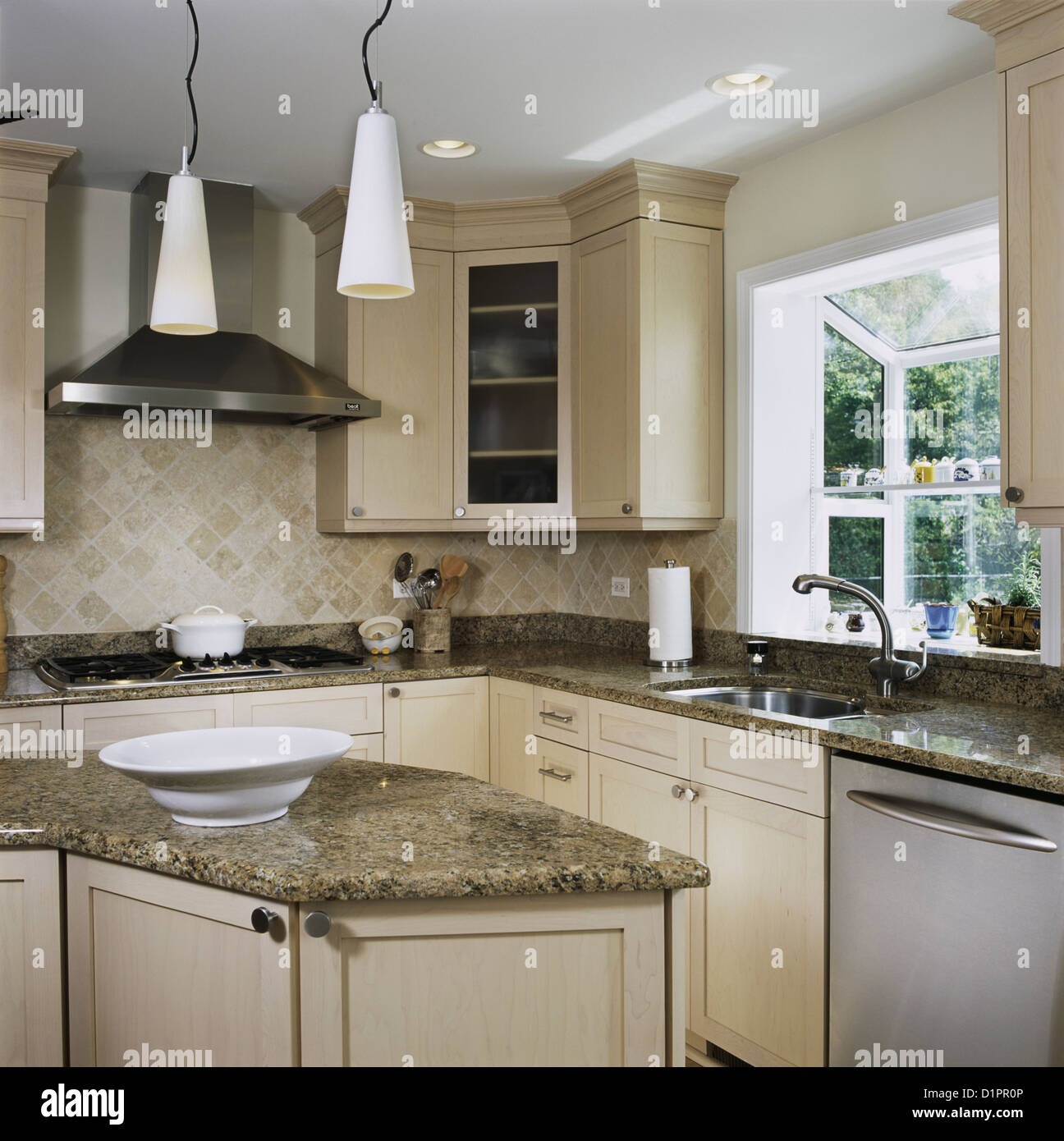 Granite counters in kitchen with triangle work area, tile back splash ...