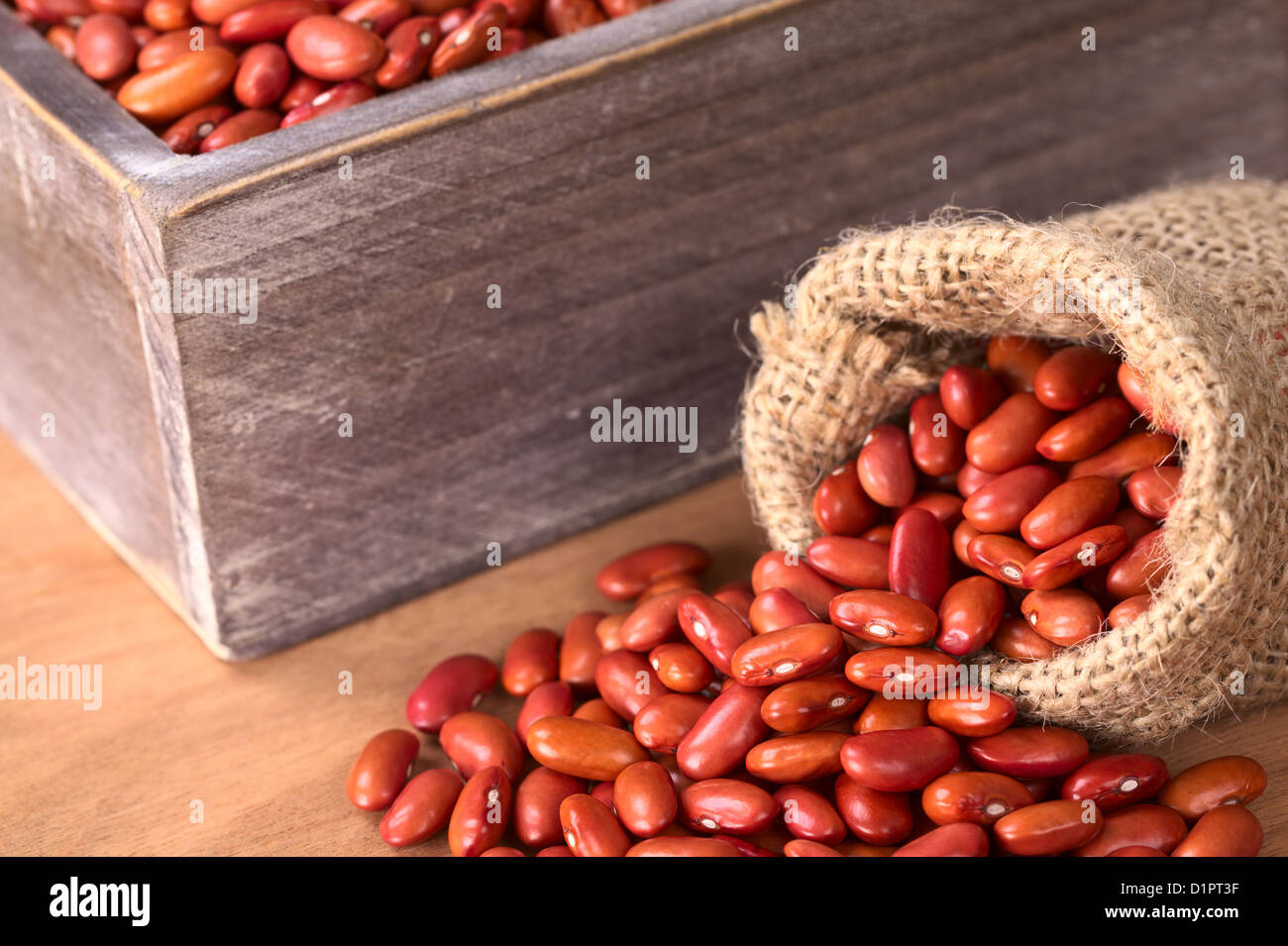 Raw red kidney beans in jute sack and wooden box (Selective Focus ...