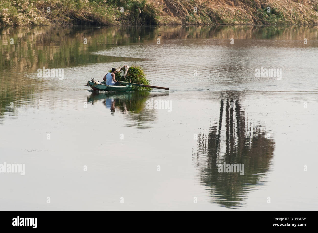 Traditional local egyptian nubian rowing a wooden boat on the river ...