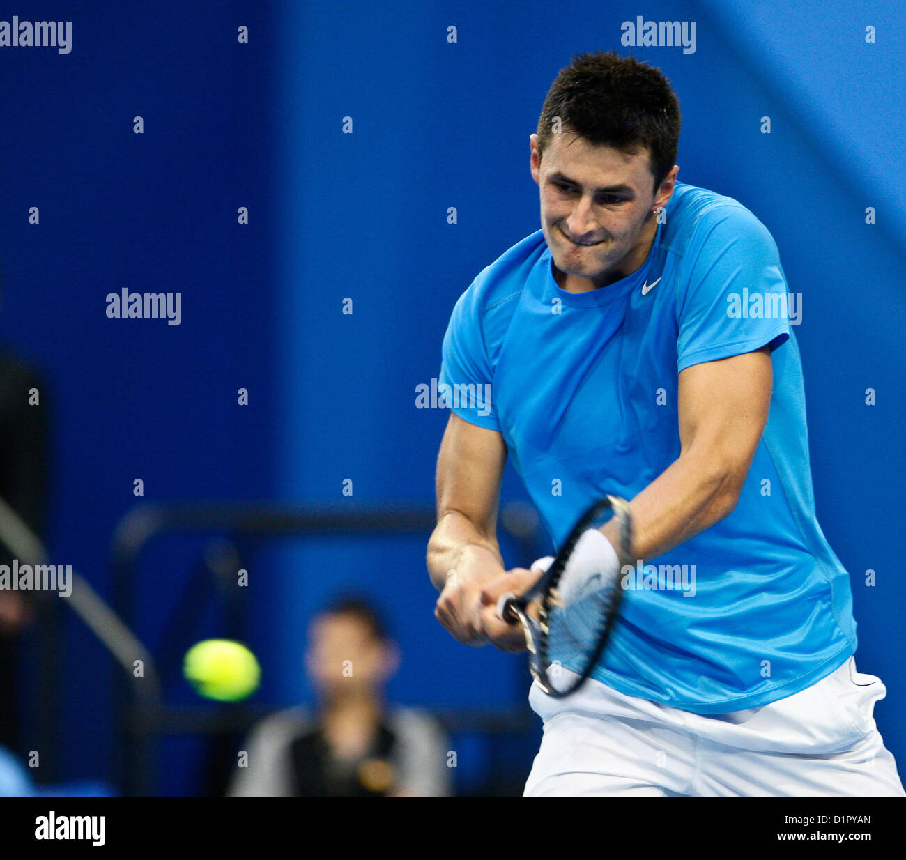 02.01.2013 Perth, Australia. Bernard Tomic (AUS) in action against ...