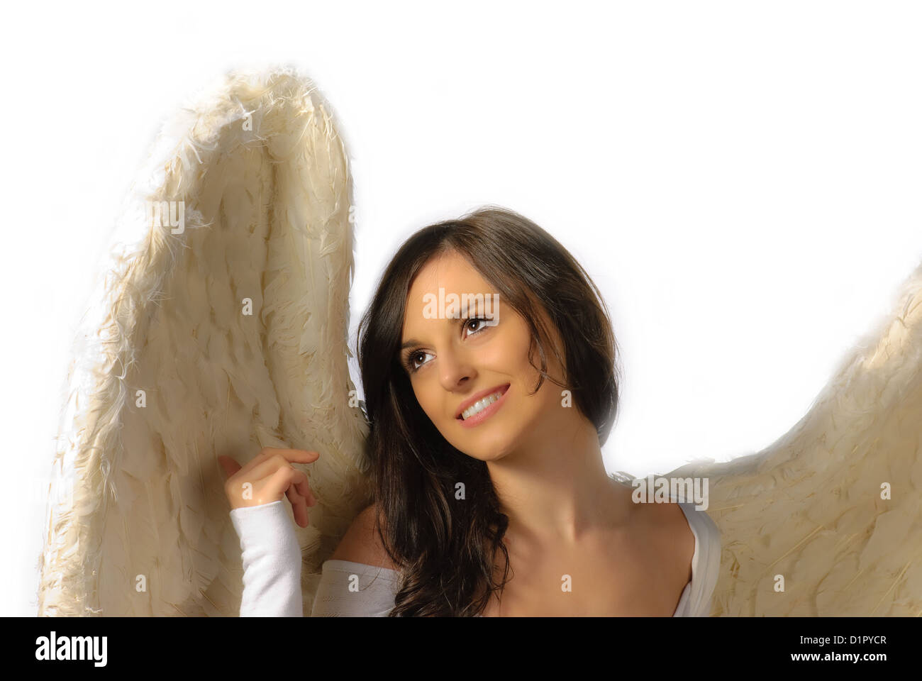 Angel woman looking up and smiling isolated on white Stock Photo - Alamy
