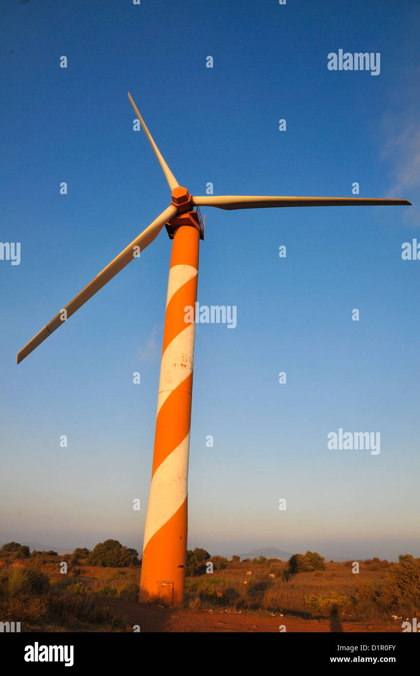 Israel, Golan Heights, View of Wind turbines near kibbutz Ein Zivan ...
