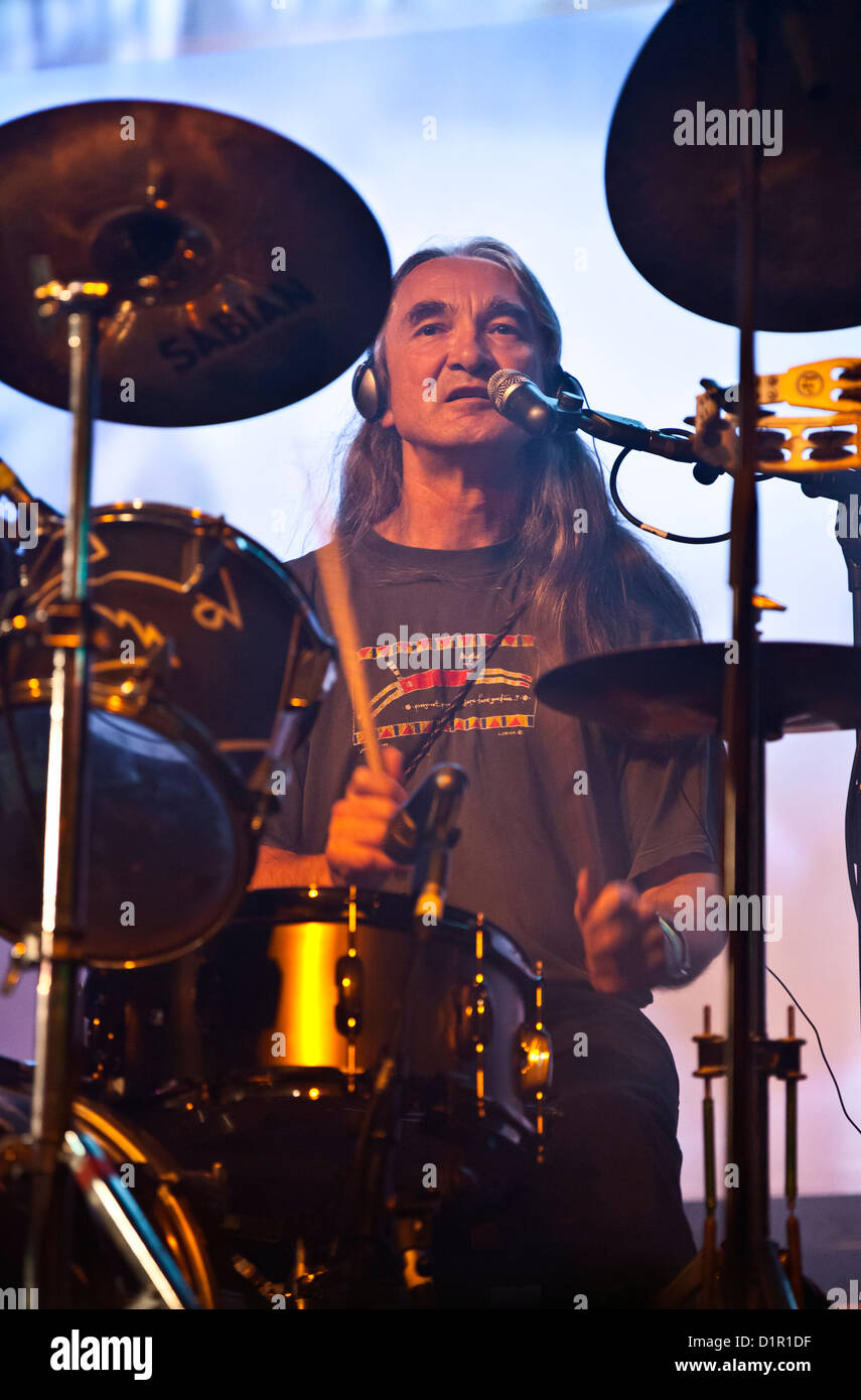 Drummer Richard Chadwick performing live with band Hawkwind at Brisfest ...