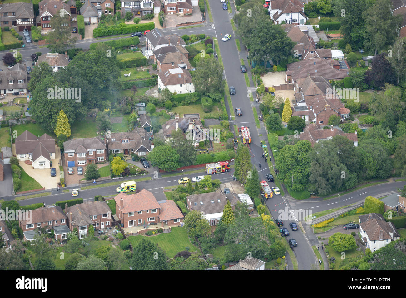 Aerial photograph showing house fire in a residential area Stock Photo ...
