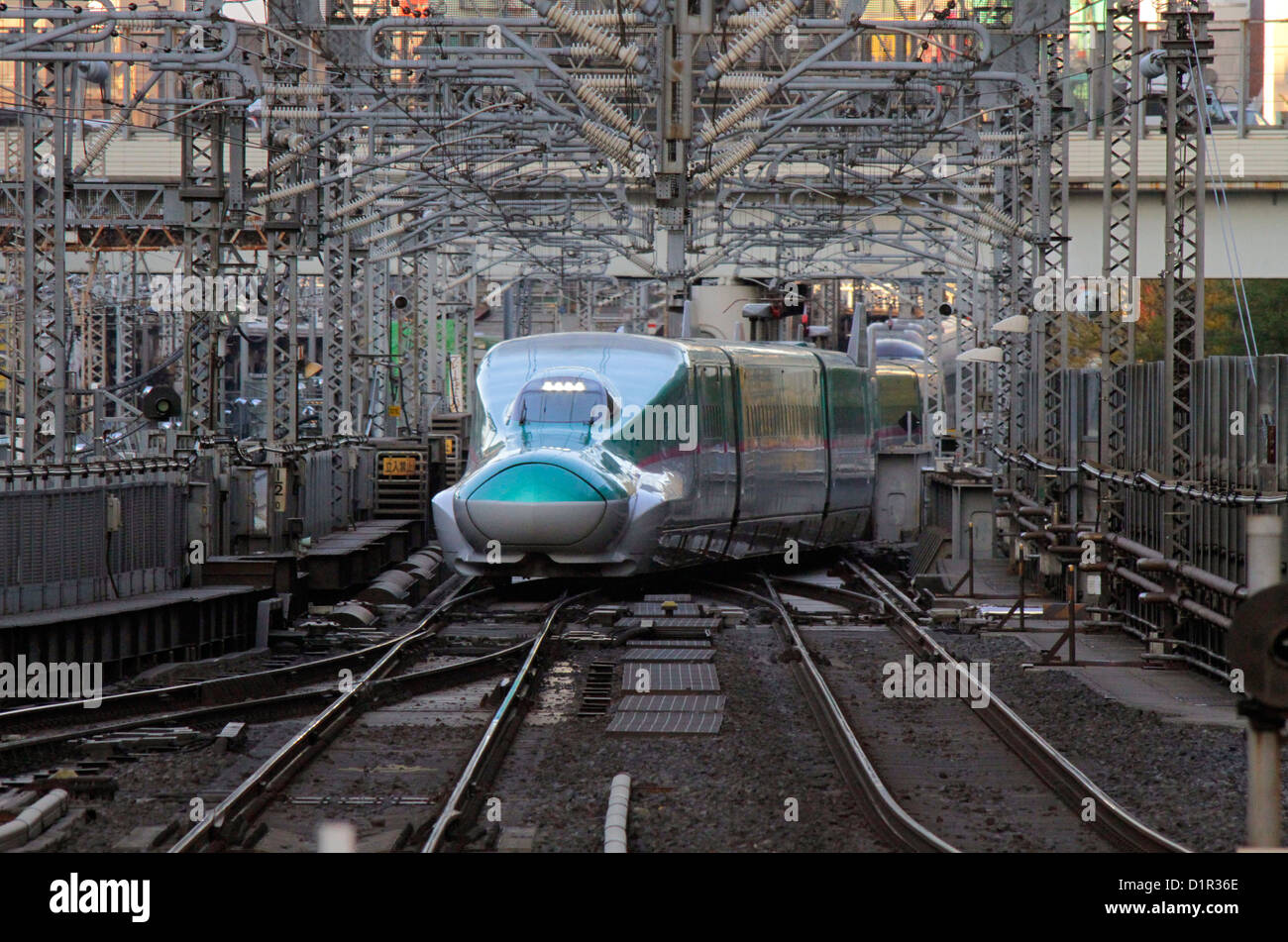 The Tohoku Shinkansen E5 series Hayabusa high-speed rail line arrives at Tokyo Station Japan ...