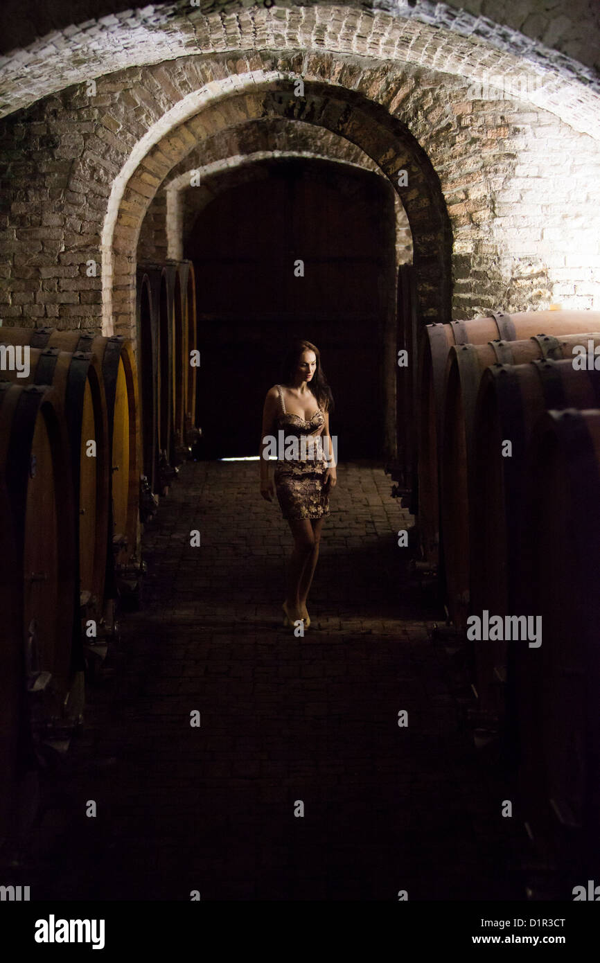 woman in a wine cellar Stock Photo - Alamy