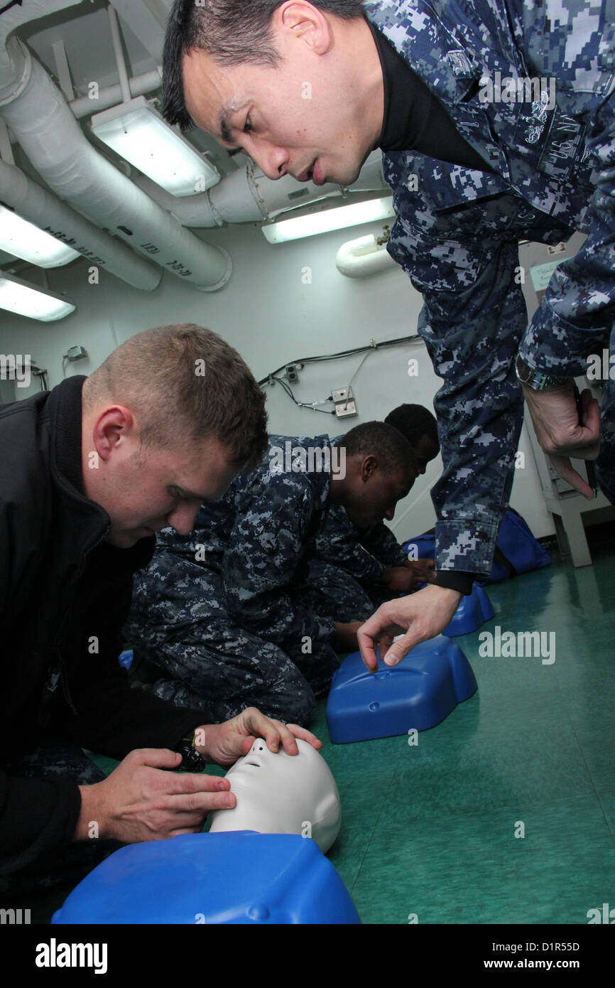 U.S. Navy Hospital Corpsman conducts a CPR training class aboard the ...