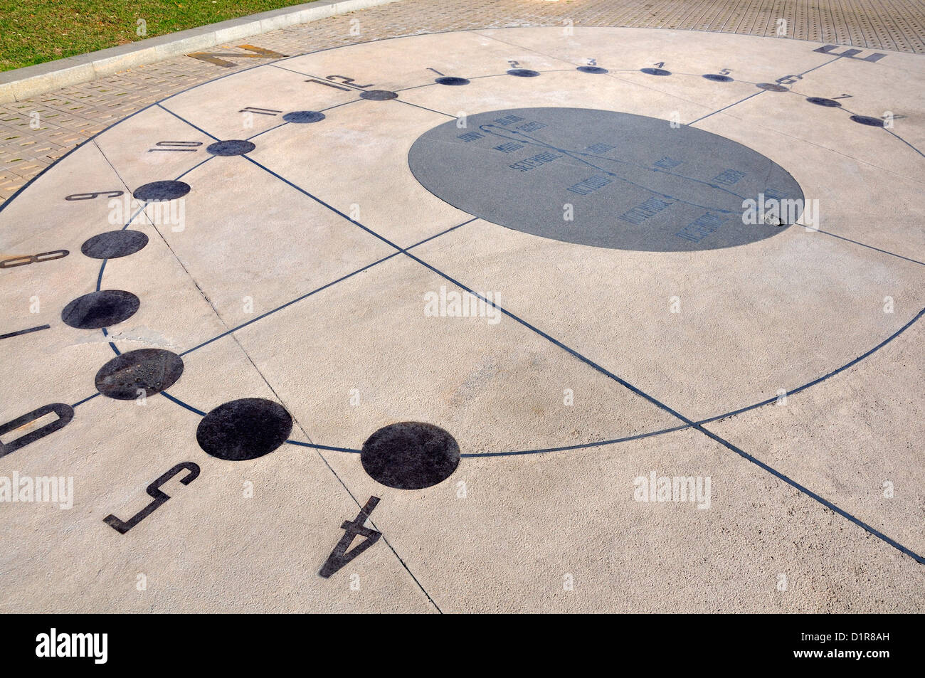 Spain, Barcelona. Analemmatic sundial, Placa de la Reina Maria Cristina ...