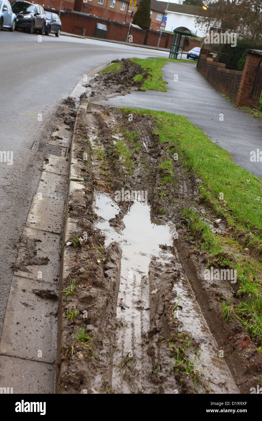 Highway verge in winter destroyed by heavy vehicles pulling off the ...
