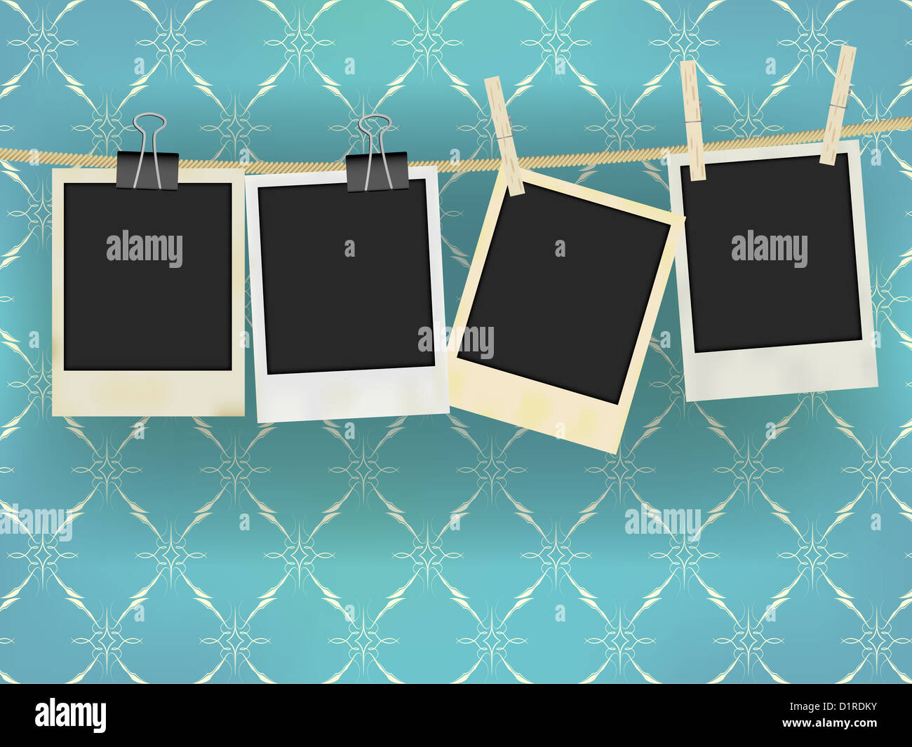 Collection of Old Retro Blank Photo Frames Hanging on Rope - on Vintage ...