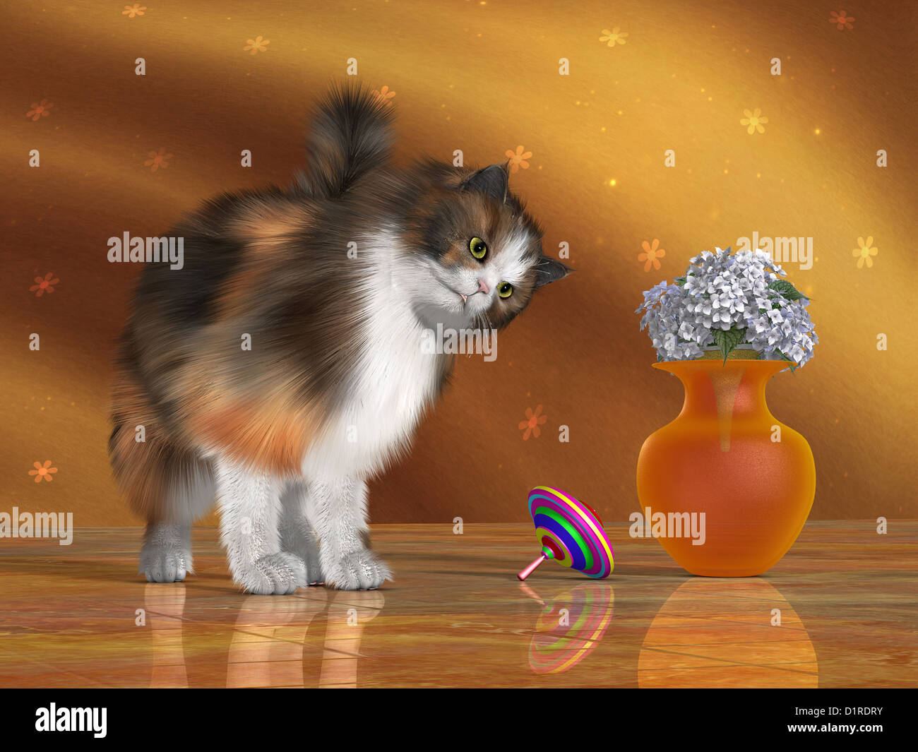 Bella, a calico cat, looks at a spinning top with a quizzical ...