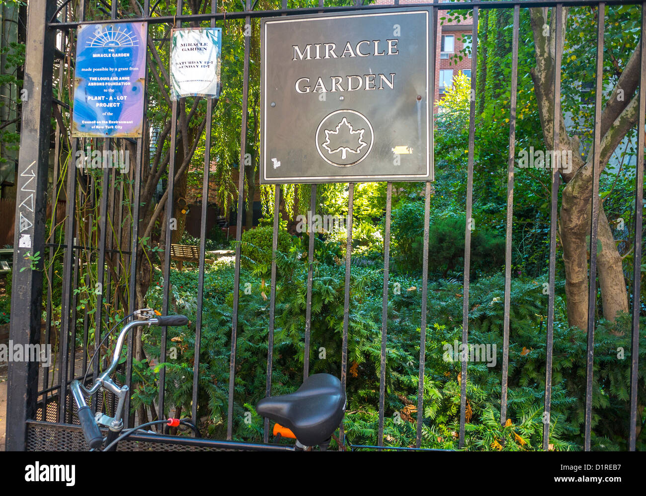 New York, NY, USA, Detail, Sign on Fence, East Village "Miracle Garden ...