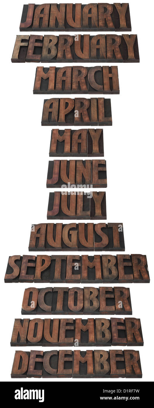 Months of the Year in Wooden Letterpress Printing Block Letters Stock ...