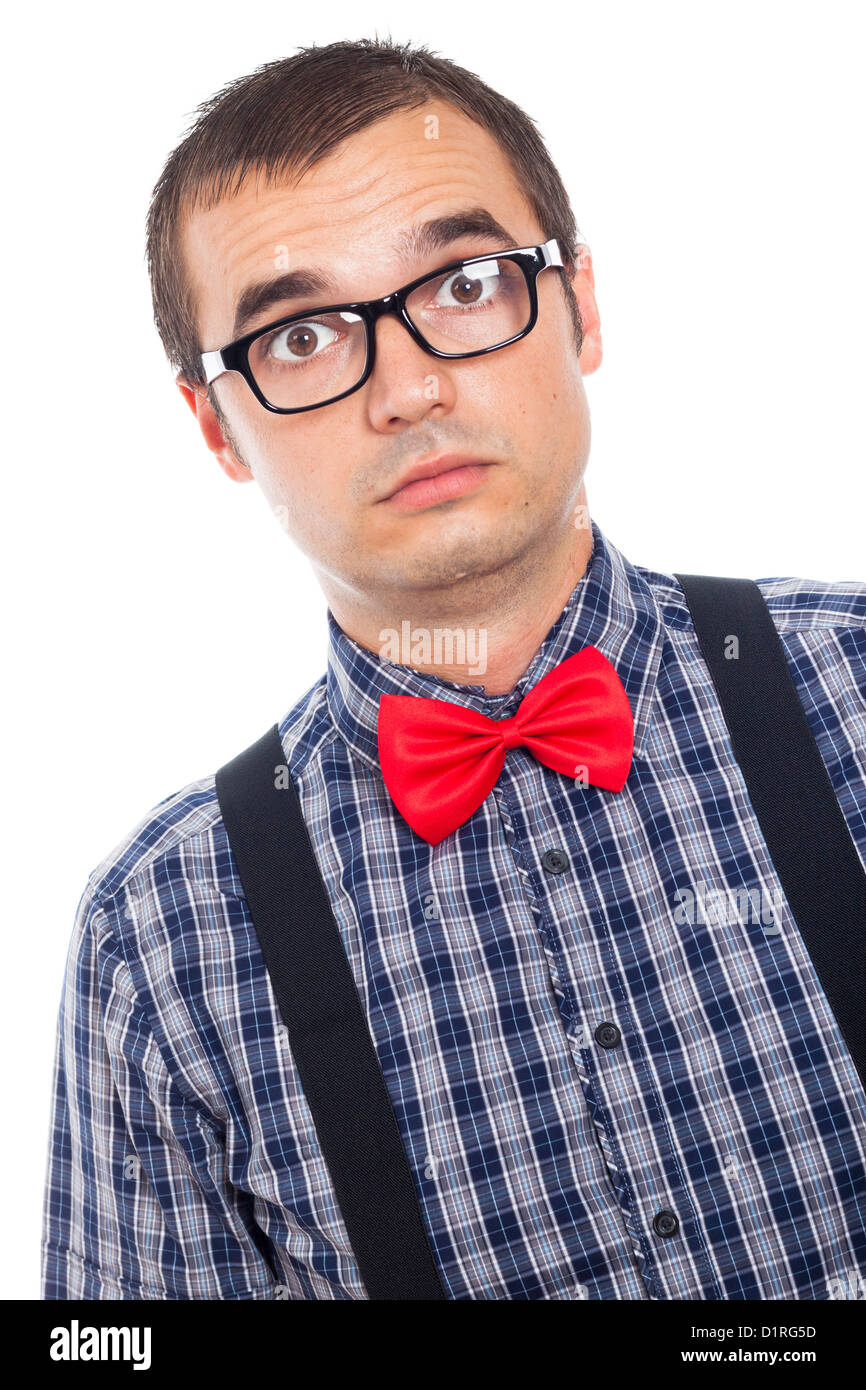 Close up of serious surprised nerd man looking, isolated on white ...