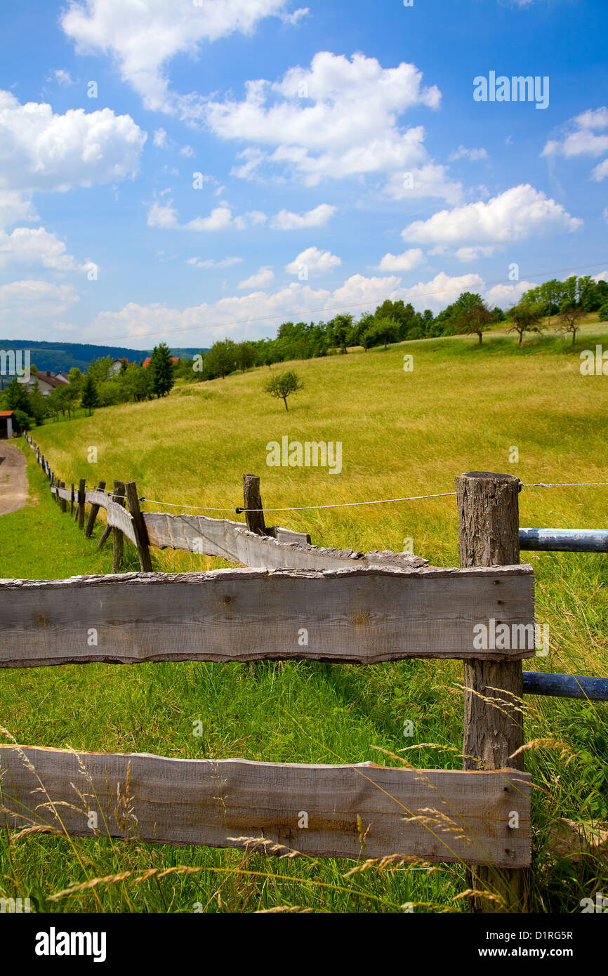 Agriculture landscape with wooden fence on a pasture, summer, Saarland ...