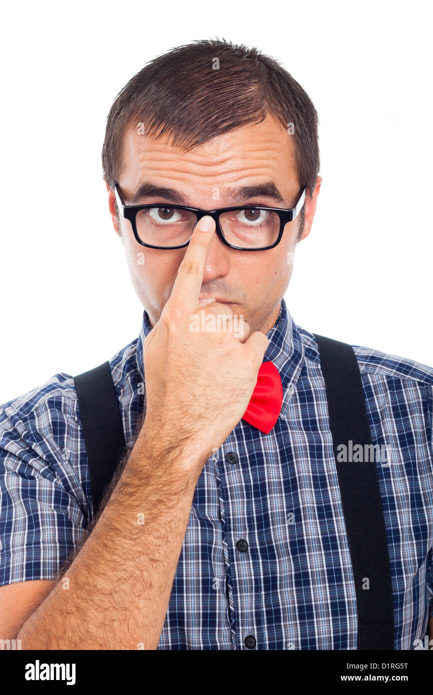 Close up of serious nerd man wearing eyeglasses, isolated on white background Stock Photo - Alamy