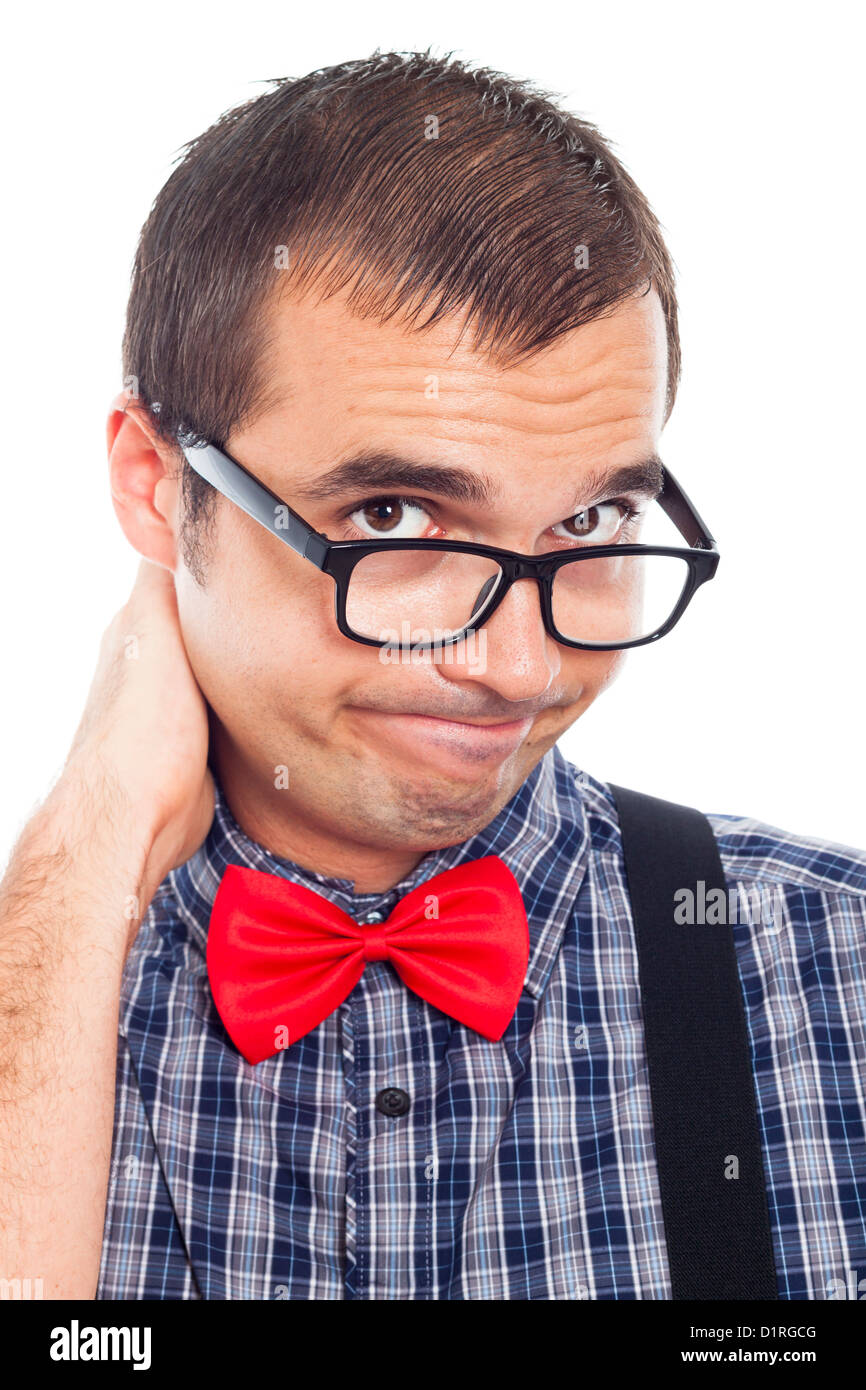 Close up of disappointed nerd man looking at you, isolated on white ...