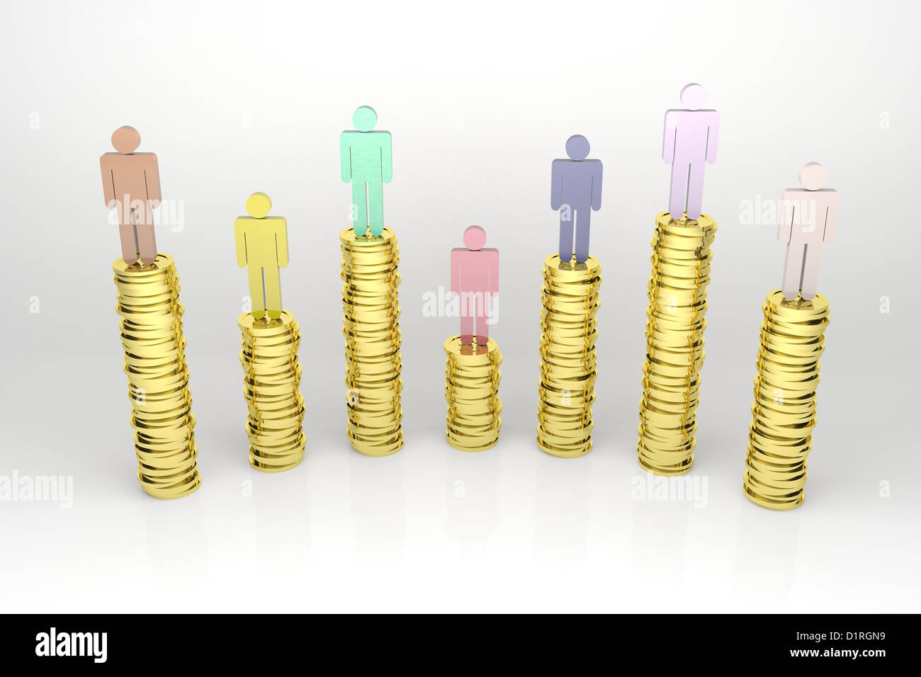 3d render illustration of several stacks of gold coins with human ...