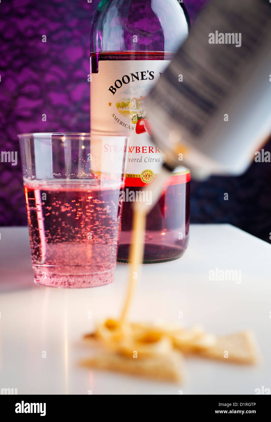 Boones Farm Strawberry Hill Wine bottle and a plastic cup with canned ...
