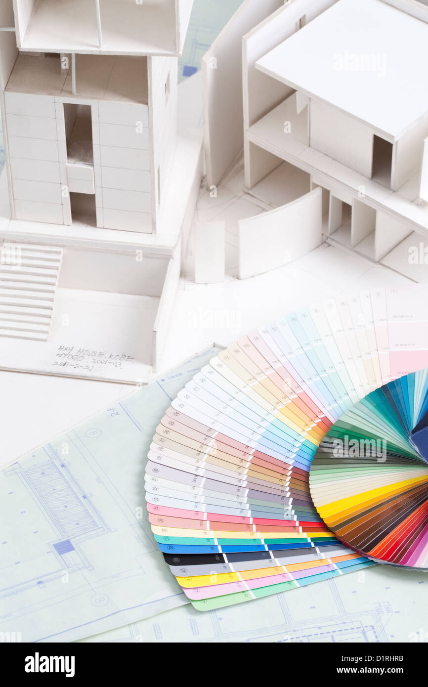 Architectural model with color swatch on blueprint Stock Photo - Alamy