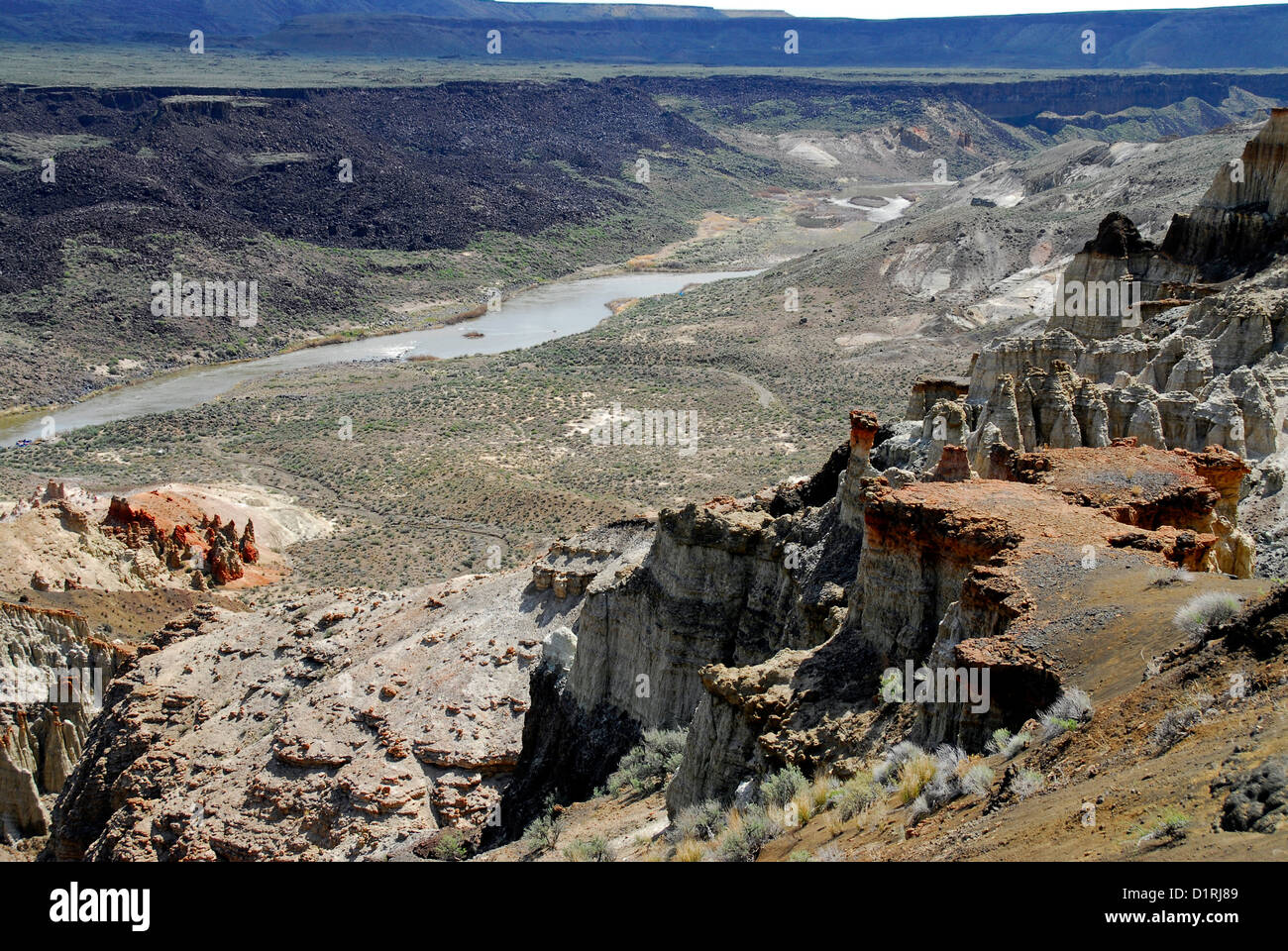 The Owyhee River flowing through the badlands of the Chaulk Basin area ...