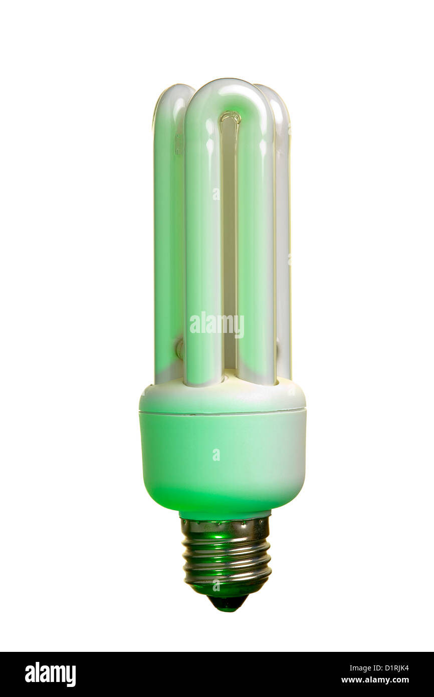 Close up of a fluorescent light bulb, isolated on white background ...