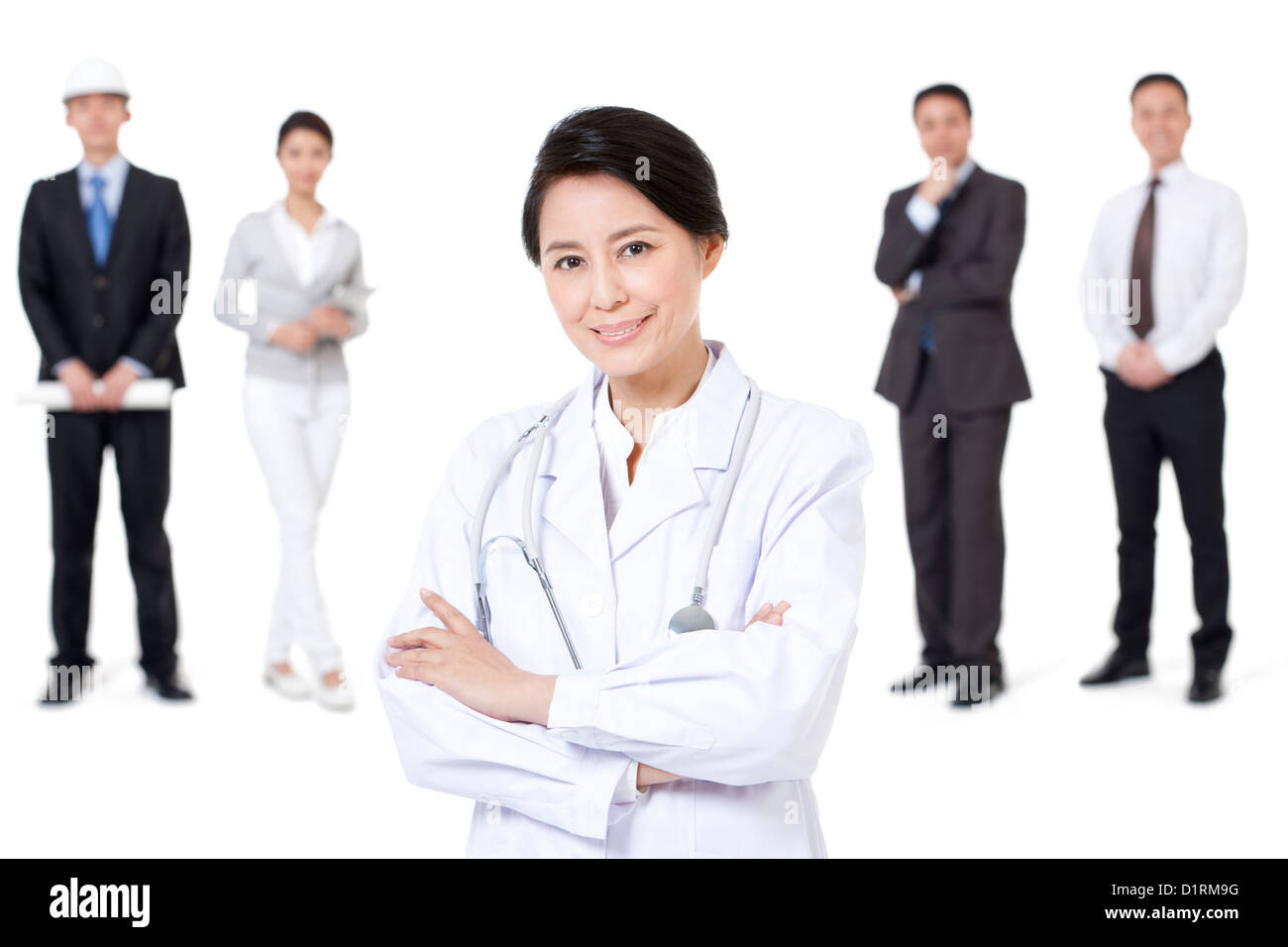 Professional female doctor with different occupation workers in ...