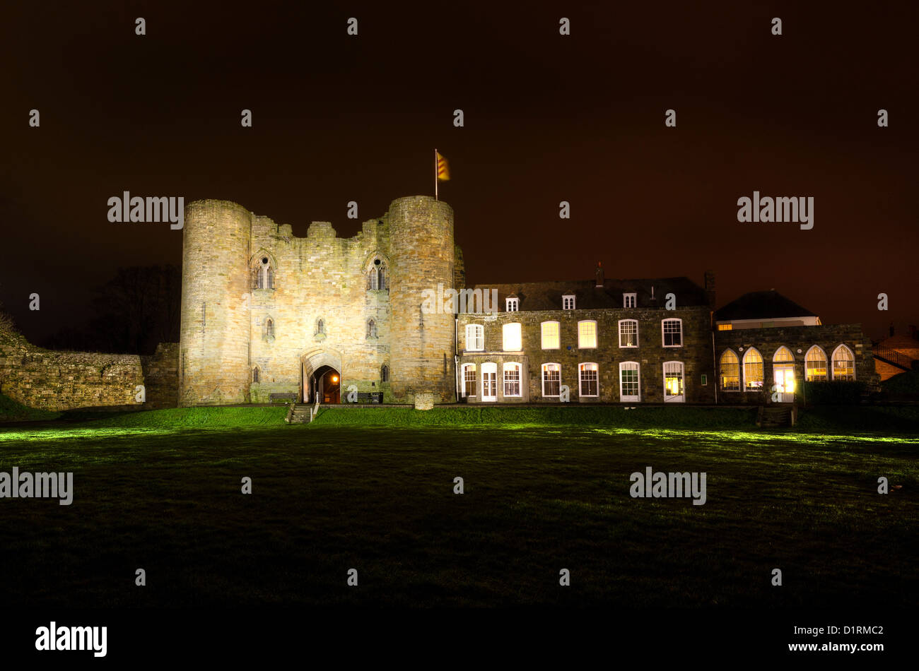 Tonbridge Castle in Winter illuminated with spot light and festive ...