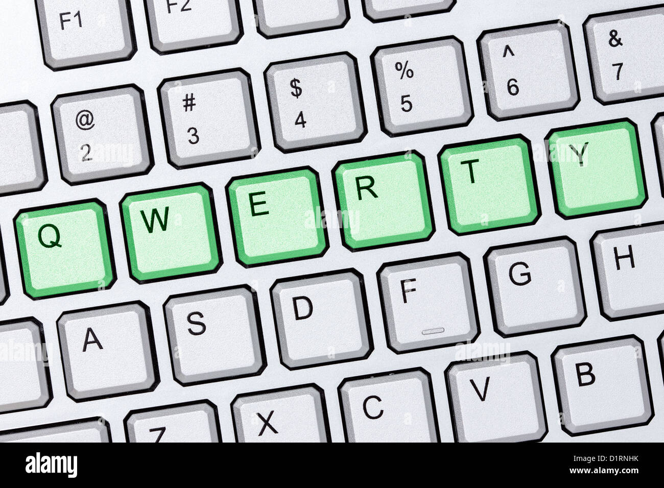 Green qwerty buttons on silver computer keyboard Stock Photo - Alamy