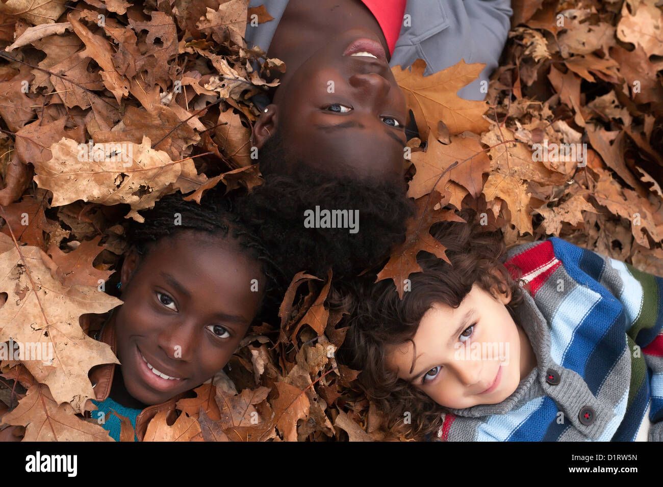 Happy family with foster children in the forest Stock Photo - Alamy