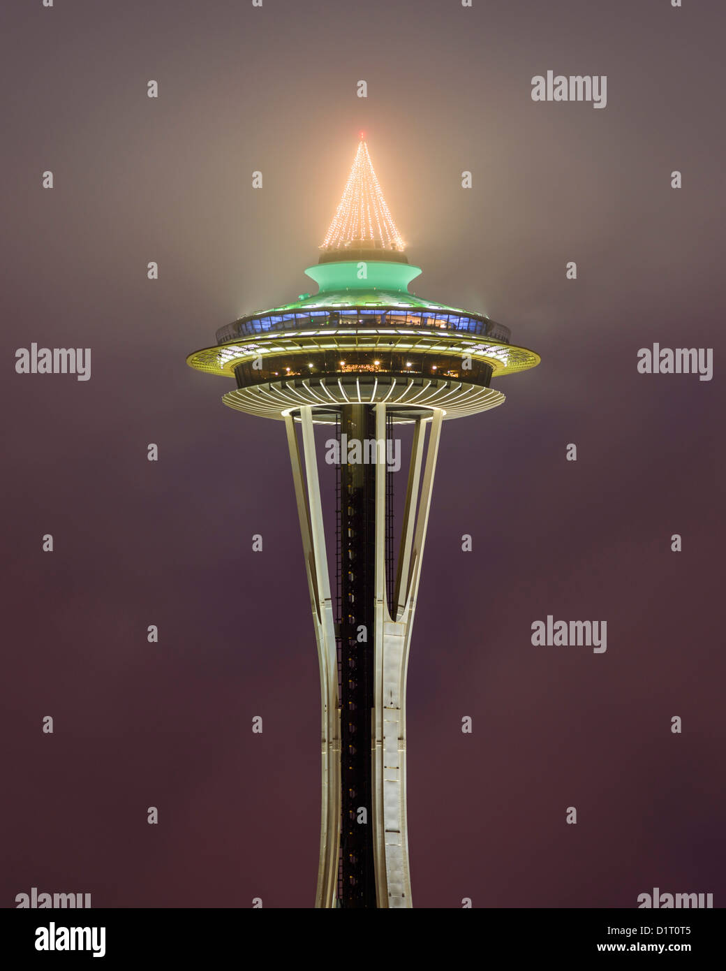 Space Needle lighting low cloud at night, Seattle, Washington, USA ...