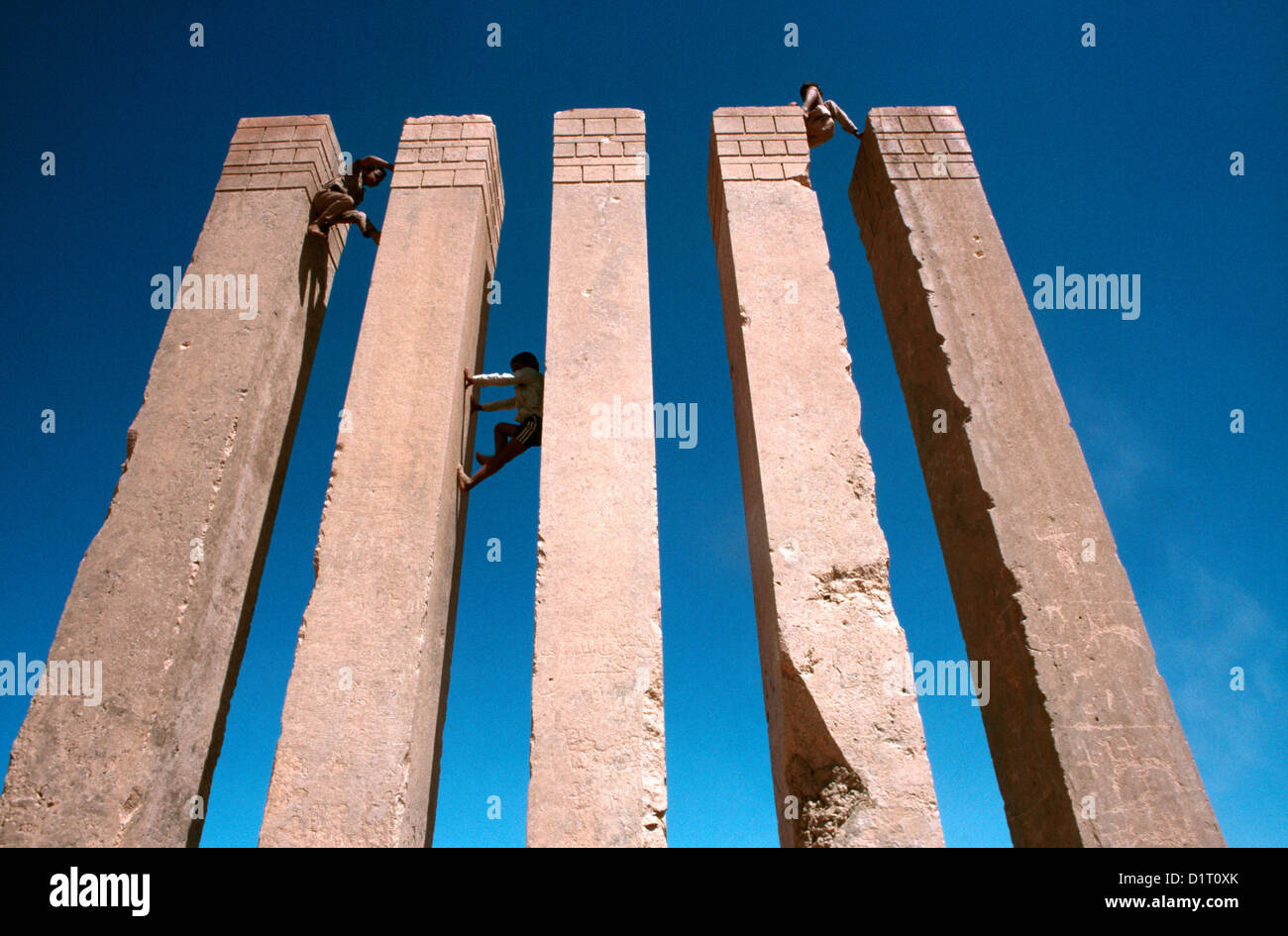 Ma'rib Yemen Children Climbing The Five Pillars of the Barren Temple ...