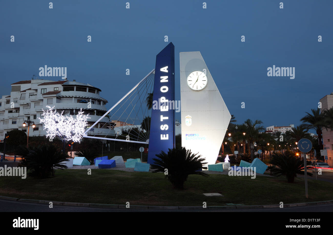 Estepona marina traffic circle at night. Costa del Sol, Andalusia ...