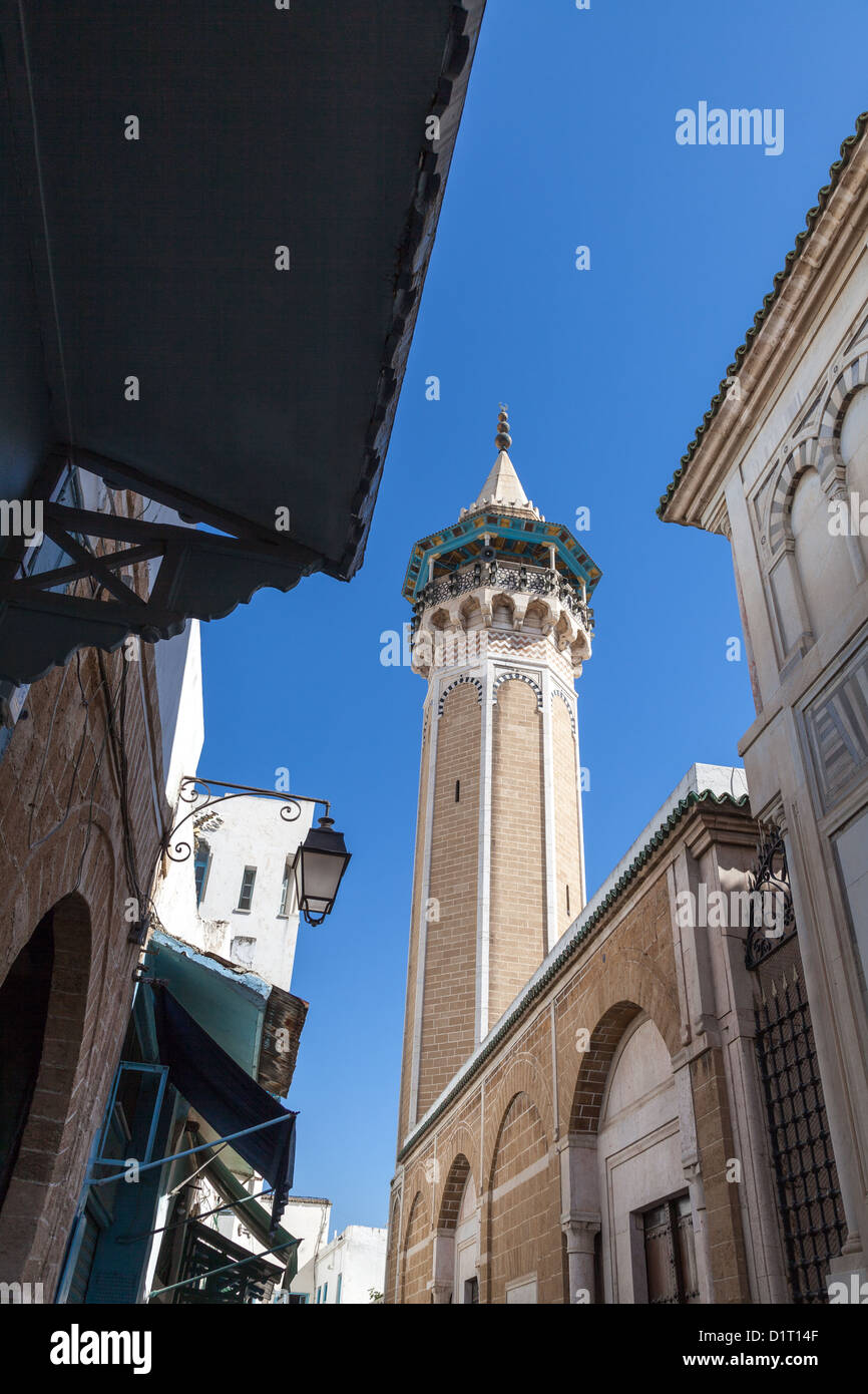 Tunisia, Tunis, the Sidi Youssef mosque's octagonal shaped minaret ...