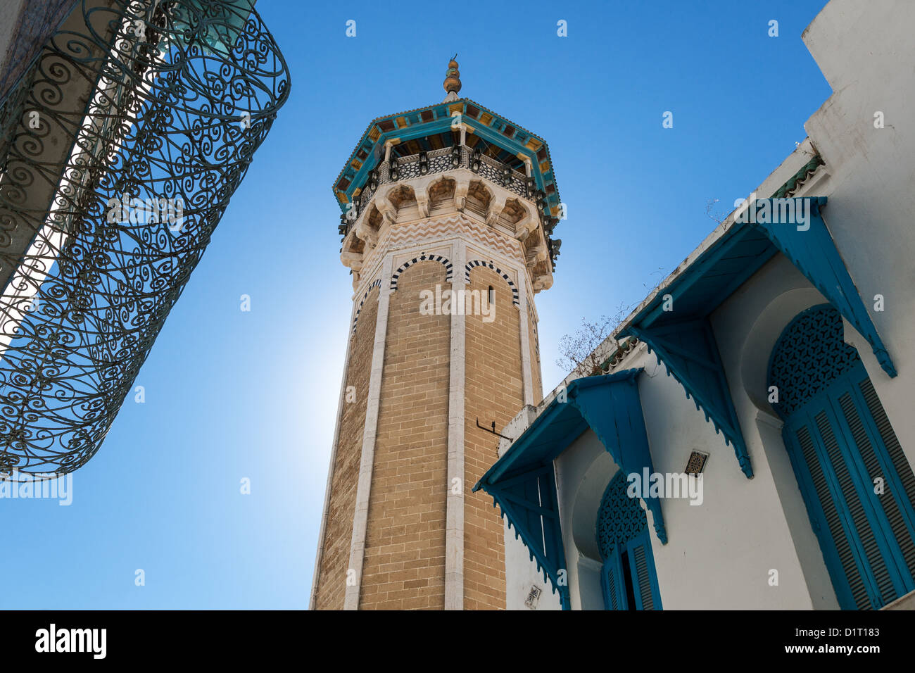 Tunisia, Tunis, the Sidi Youssef mosque's octagonal shaped minaret ...