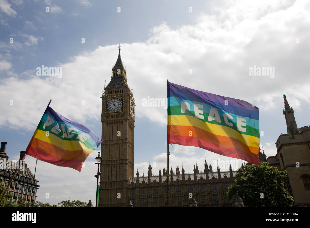 Protestor's peace flags flying over the bell tower of Big Ben and the ...