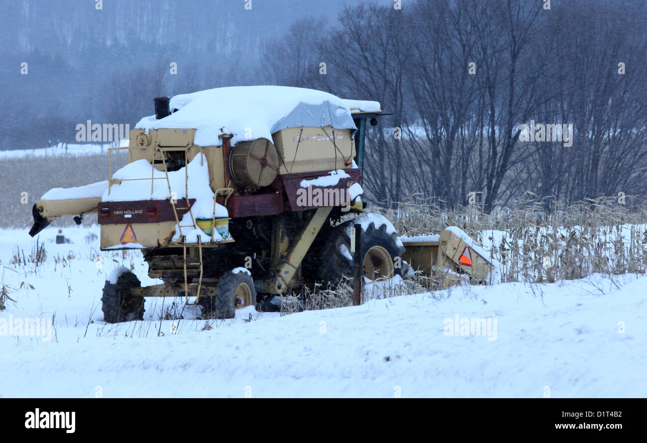 A corn picker sits idle in a standing corn field in the snow Stock ...