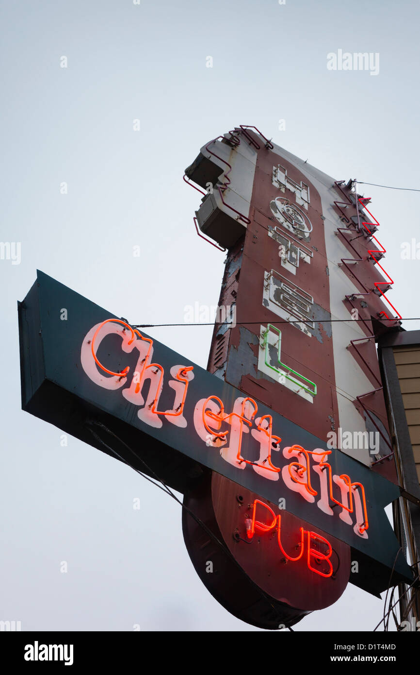 Canada, British Columbia, Squamish, neon sign for The Chieftain hotel ...