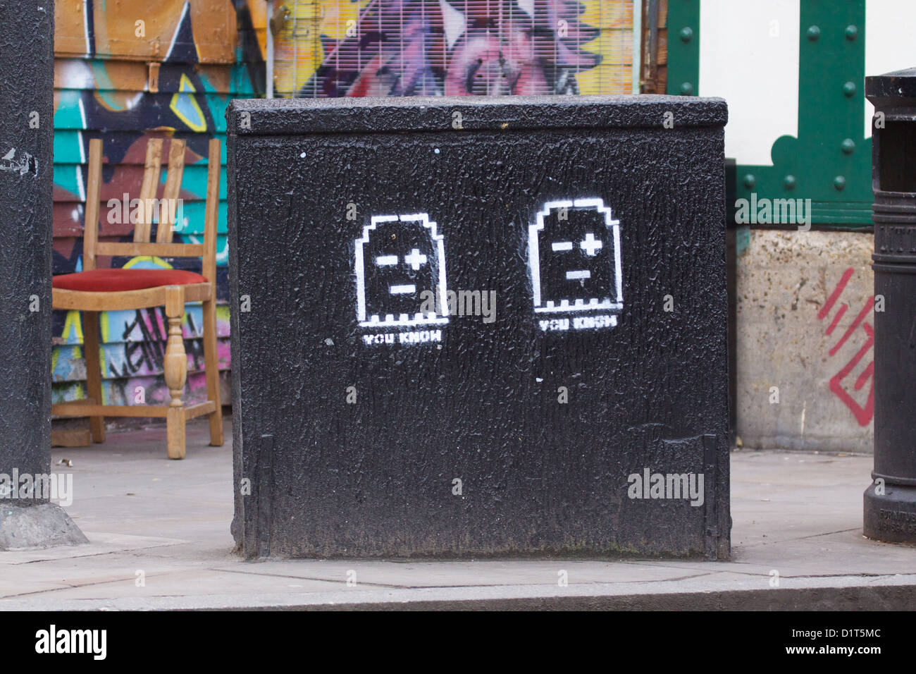 bt box with graffiti and poster with the writing "you know Stock Photo ...