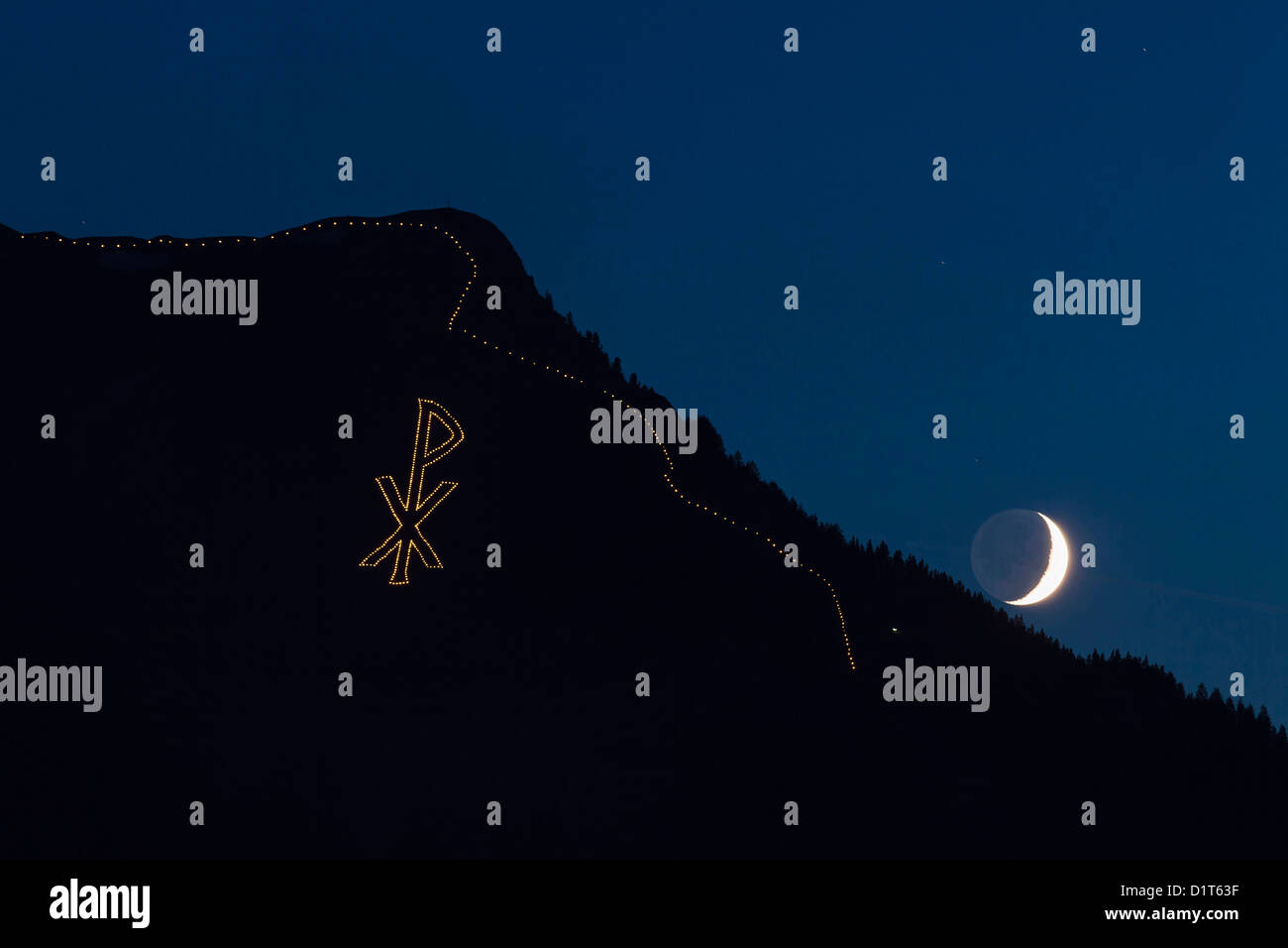 Mountain bonfires in Ehrwald basin during solstice in Tyrol, Austria ...