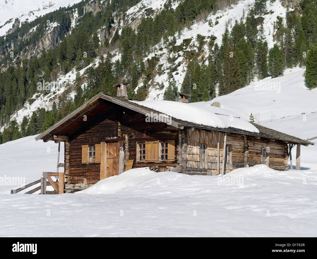 Traditional wooden mountain hut or Alp in valley Krimmler Achental in ...